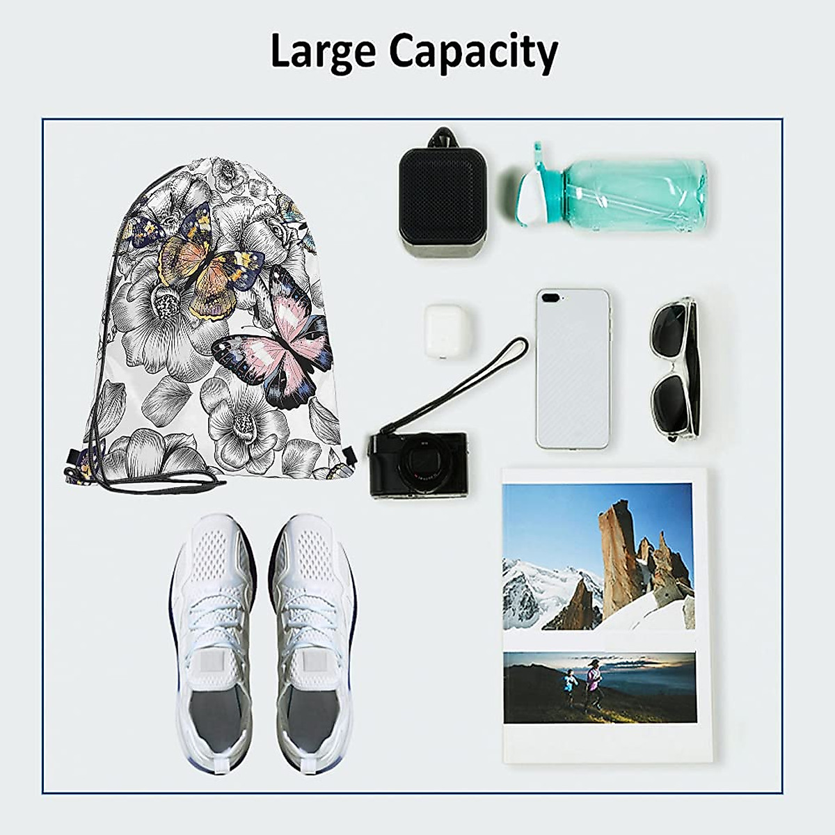 Beabes Colorful Butterflies Drawstring Bags Backpack Bag Flowers Bird Animal Beautiful Wings Magic Art Hand Painted Sport Gym Sack Drawstring Bag String Bag Yoga Bag for Men Women