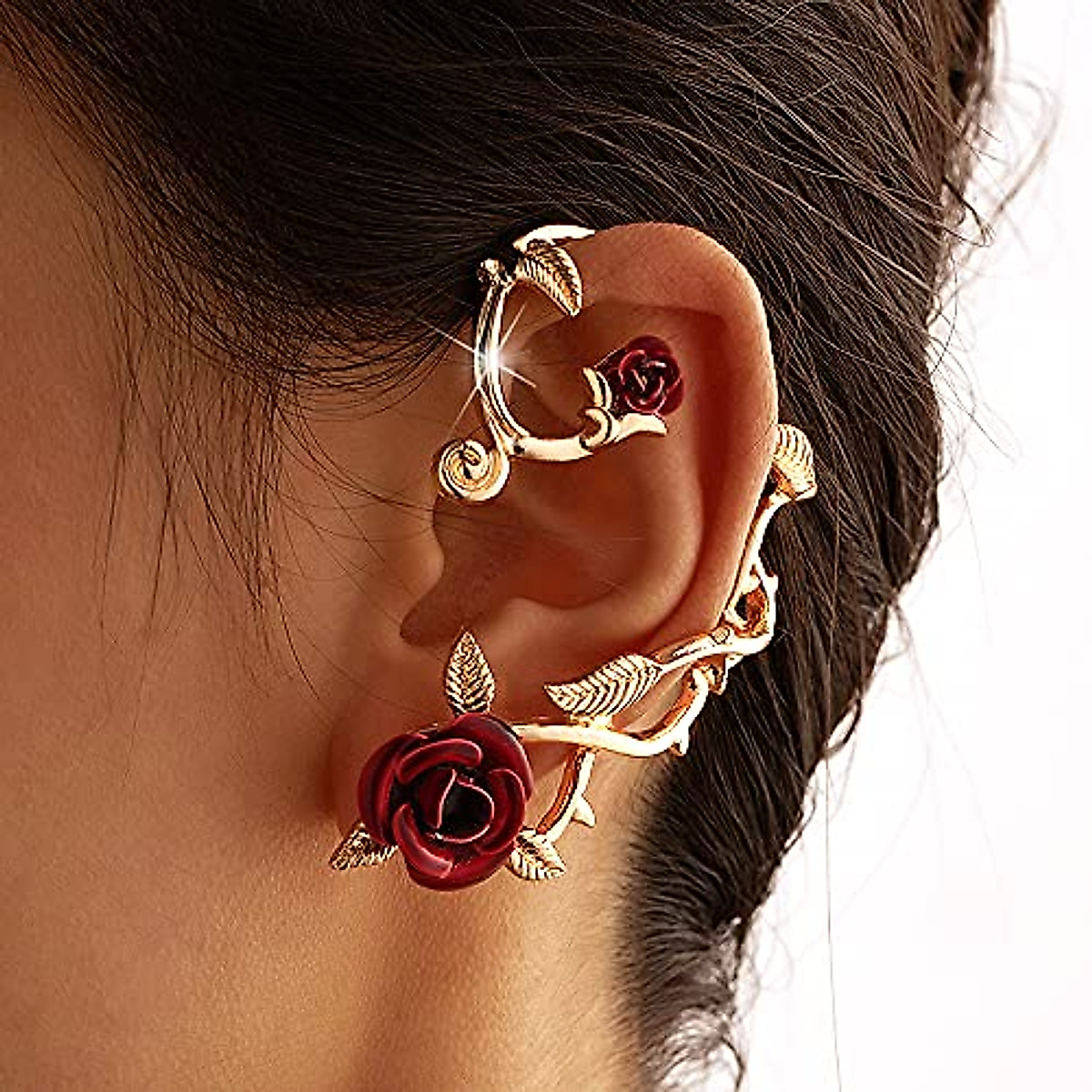 Retro Rose Flower Climbers Crawler Jacket Earrings Sparkly Metal Left Ear Cuff Wrap Clip Stud Earring for Women Fashion Jewelry 1 PC (Gold)