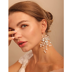BERYUAN Crystal Flower Earings for Women Beads Wedding Earrings for Brides Bridal Bridesmaids Earrings Prom Earrings Accessories Esthetics (Silver)