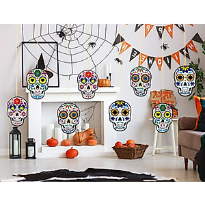 FaCraft Day of Dead Sugar Skulls Decorations,20pcs Dia de Los Muertos Skulls Sign Mexican Fiesta Skeleton Hanging Sign for Halloween Party Decorations Supplies