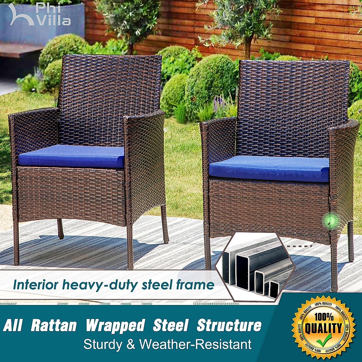 PHI VILLA Patio Wicker Chair Set of 2, Outdoor Modern PE Rattan Armchair with Removable Cushions for Deck, Porch, Balcony