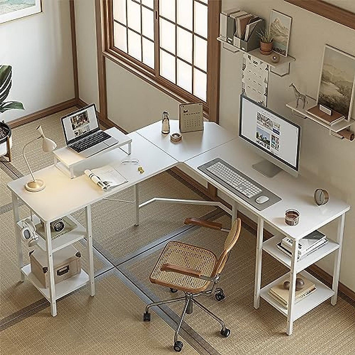 CubiCubi L Shaped Desk, 58.3 inch Computer Corner Desk with 2 Storage Shelves, Home Office Desk with Monitor Stand, White