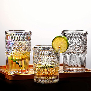Kingrol 6 Pack 9 oz Romantic Water Glasses, Iridescent Drinking Glasses Tumblers, Vintage Glassware Set for Juice, Beverages, Beer, Cocktail