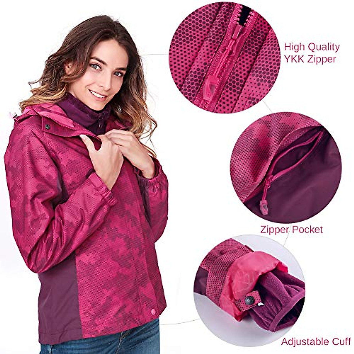 CAMEL CROWN 3-in-1 Women's Ski Jacket Waterproof Snowboard Mountain Fashion Jackets Winter Coat With Warm Fleece Inner for Hiking Outdoor Coral L