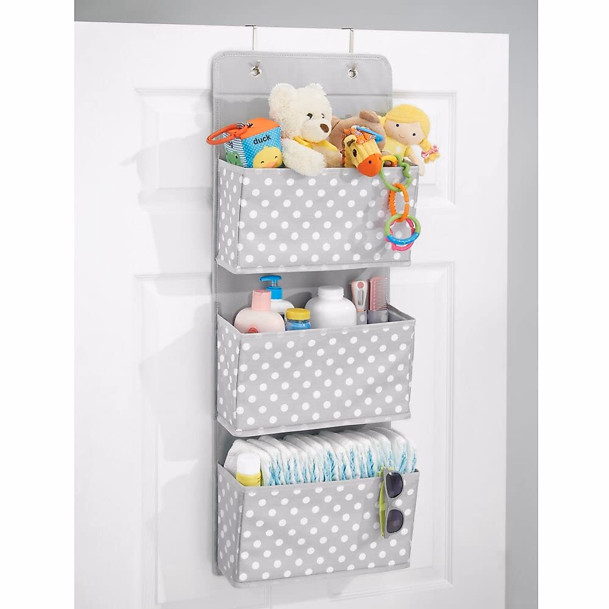mDesign Fabric Baby Nursery Hanging Organizers for Over The Door Storage for Kids - 3 Pocket Organizer Caddy with Hooks for Clothing, School, Diaper, Toy, and Outfit Storage - Polka Dot, Gray/White