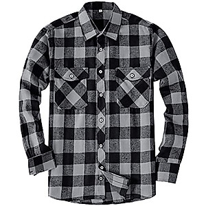 KUYIGO Men's Long Sleeve Plaid Flannel Casual Polo Shirts Button Down Regular Fit Shirt Grey&Black Medium