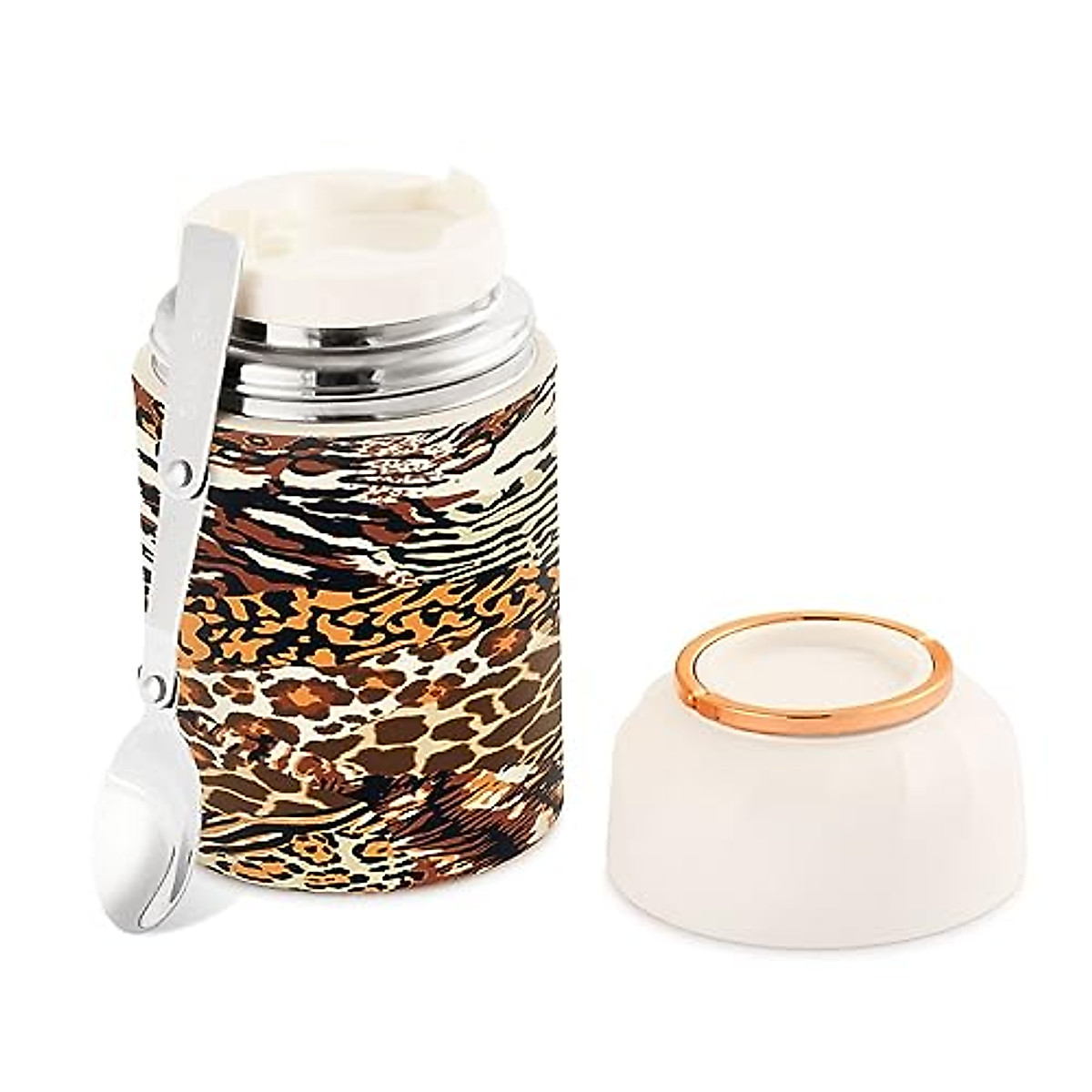 CUPADA Animal Skin Print Food Jar for Hot and Cold, Leopard Insulated Food Jars Vacuum 17OZ with Folding Spoon for Work Trip Picnic Camping