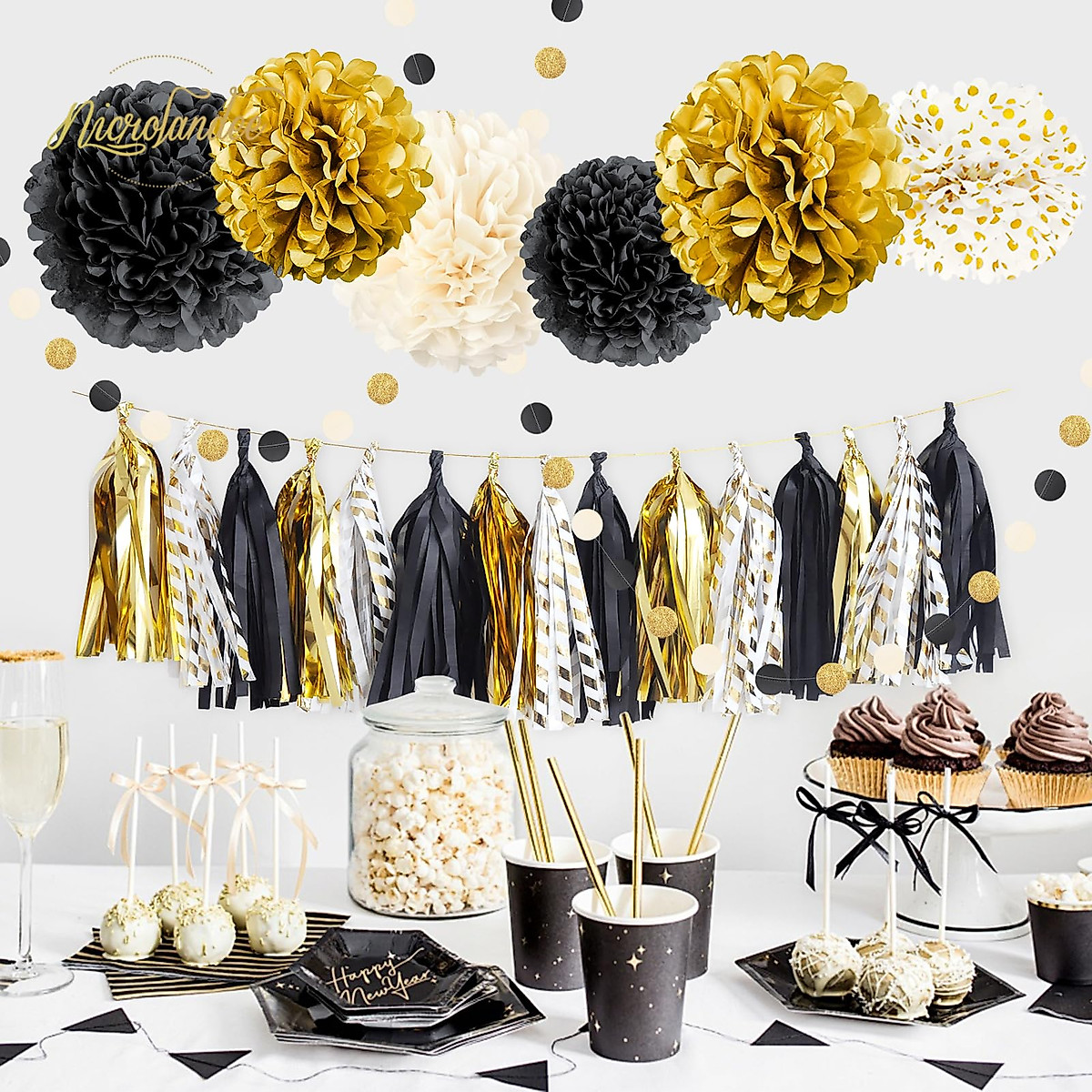 NICROLANDEE Black Gold Party Decoration, 23PCS Tissue Paper Pom Poms Kit Hanging Polka Dot Paper and Tissue Tassel for Birthday, Graduation, Wedding, New Years Decorations