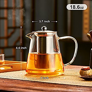 PARACITY Glass Teapot Stovetop 18.6 OZ, Borosilicate Clear Tea Kettle with Removable 18/8 Stainless Steel Infuser, Teapot Blooming and Loose Leaf Tea Maker Tea Brewer for Camping, Travel (550ML)