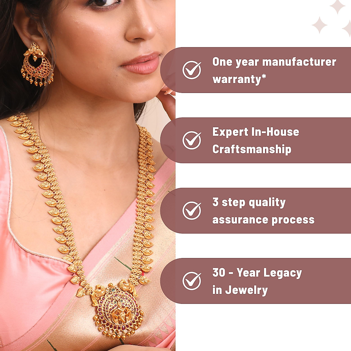 TARINIKA Antique Gold Plated Gita Long Necklace Set with Peacock Design - Indian Jewelry Sets for Women | Perfect for Ethnic Occasions | Traditional South Indian Necklace | 1 Year Warranty*