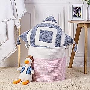Pink Storage Basket, Woven Cotton Rope Basket 15" x 15" x 13.8" Laundry Hamper Blanket Basket with Handle for Baby Girl Toy Cloth Organizing
