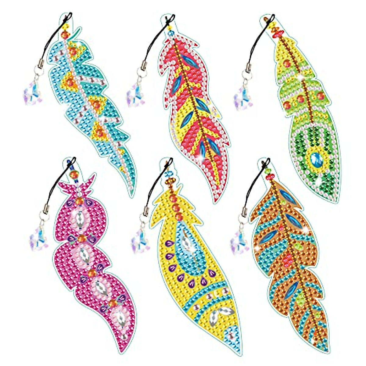 pigpigboss Feather Bookmark Diamond Painting Set 6 PCS PVC Diamond Painting Bookmark with Pendant Peacock Feather Bookmark Diamond Painting Art Graduation Gift