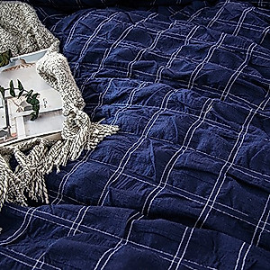 Merryfeel Seersucker Duvet Cover Set King,100% Cotton Yarn Dyed Seersucker Woven Check Bedding Set,3 Pieces(1 Duvet Cover with 2 Pillowshams),Navy Color King