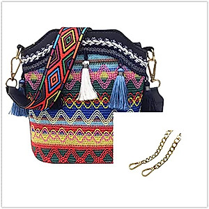 IAMUHI Lovely Small Straw Bucket Phone Purse Handwoven Bohemian Fringed Crossbody Beach Bag Mini Hobo Handbags for Women/Girls,Navy Blue
