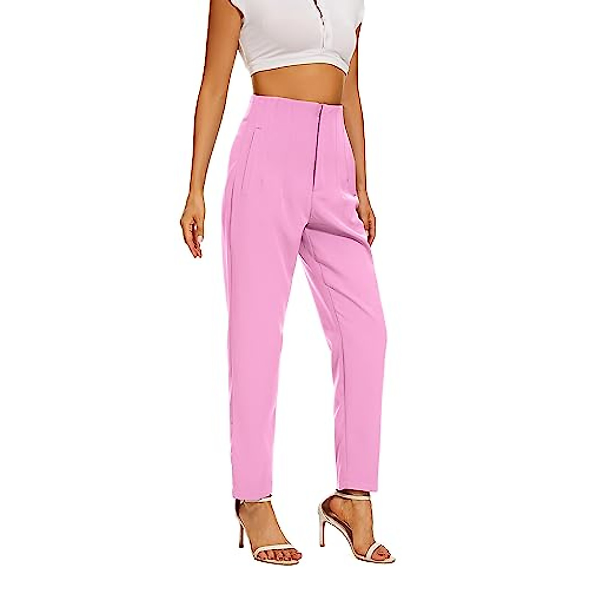 Kusogiay High Waist Dress Pant for Women Business Trousers Work Office Pants with Pockets(Large,Light Pink)