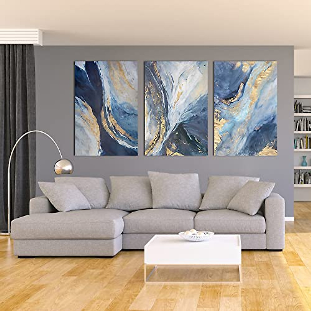 Looife Abstract Canvas Wall Art 24x36 Inch 3 Panels Blue and Yellow Lines Painting Picture Giclee Prints Gallery Wrapped Ready to Hang Artwork for Living Room Office Decoration