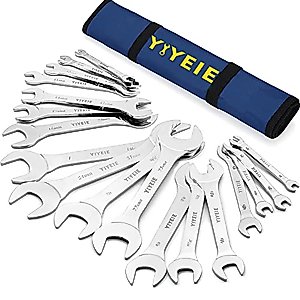 YIYEIE 18pcs Super-Thin Open End Wrench Set, Metric & SAE, 5.5mm to 27mm, 1/4" to 1-1/16", CR-V Steel with Mirror Finish, Ultra-Slim Wrench Set with Rolling Pouch