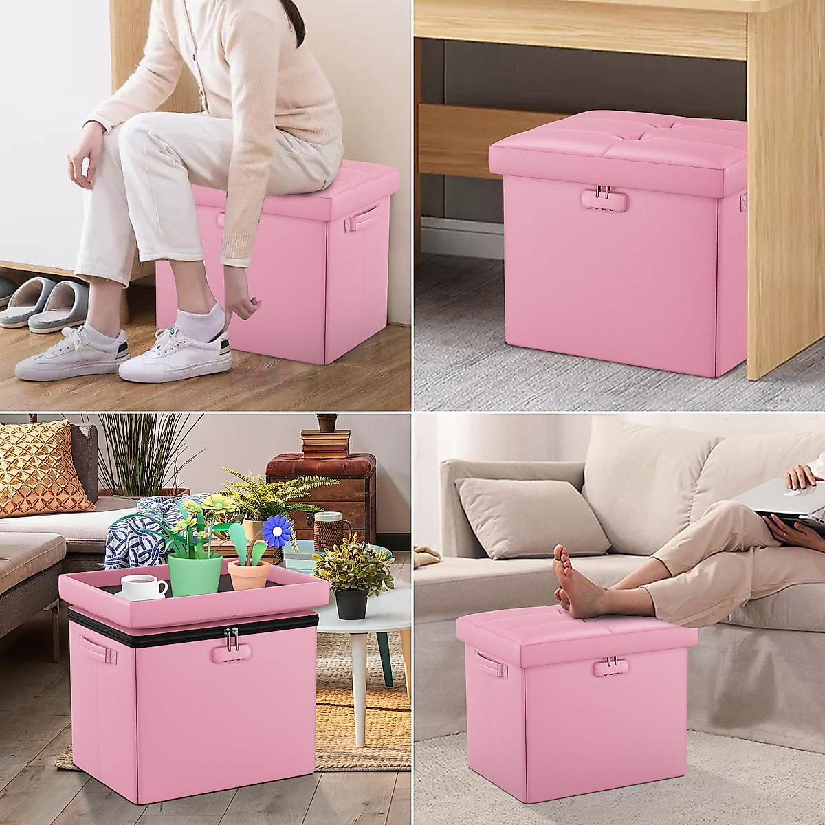 DocSafe Storage Ottoman with Lock,Fireproof Folding Ottoman Foot Rest Stool Storage Chest with Storage Safe for Important Documents,Waterproof 17 Inches Short Ottoman Foot Stool with Handles,Pink