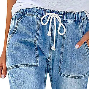Maiyifu-GJ Women Pull On Distressed Denim Joggers Drawstring Elastic Waist Ripped Stretch Jeans Hole High Waist Stretch Pants (Blue,Small)