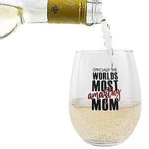 TWO TRINKETS Officially the Worlds Most Amazing Mom Stemless Wine Glass, 15 oz. Black & Orange