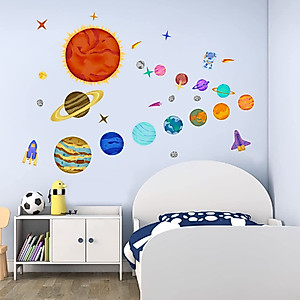 Planets in Space Wall Stickers, Solar System Wall Decals for Boys, Spaceship Stars Nursery Bedroom Playroom Wall Decor, Space Explorer Peel & Stick Wall Mural for Kids Toddler Classroom Decoration