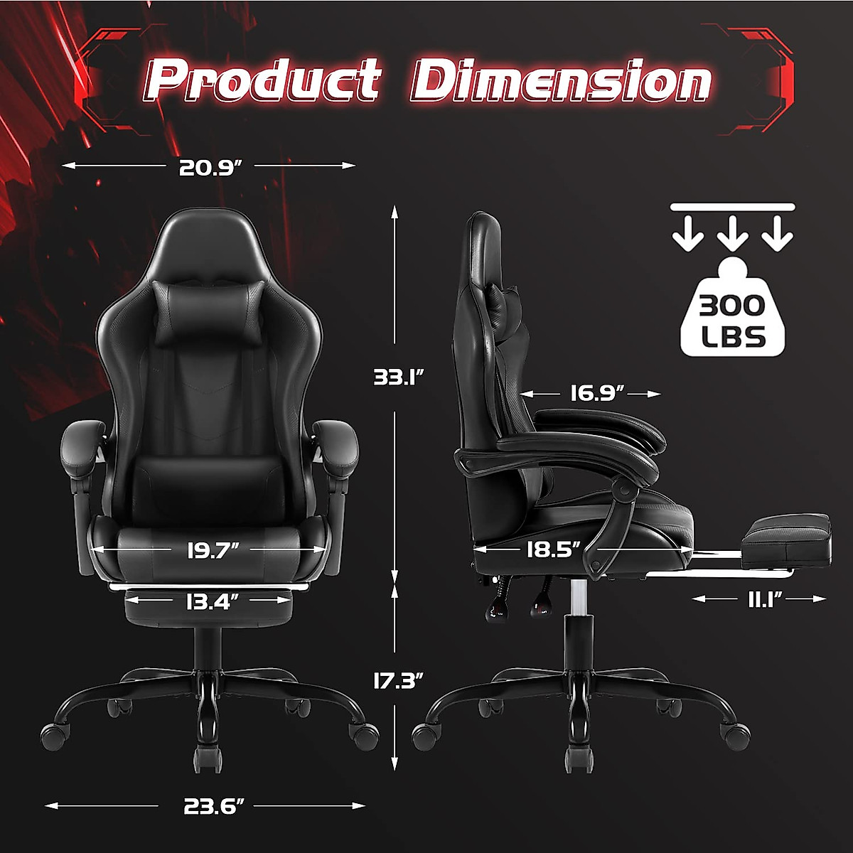 Shahoo Gaming Chair with Footrest and Massage Lumbar Support, Video Racing Seat Height Adjustable with 360°Swivel and Headrest for Office or Bedroom, Black