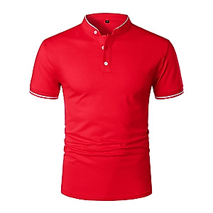 HOOD CREW Mans Fashion Short Sleeve Polo Shirts Summer Casual Band Collar Tops Shirt Red XL