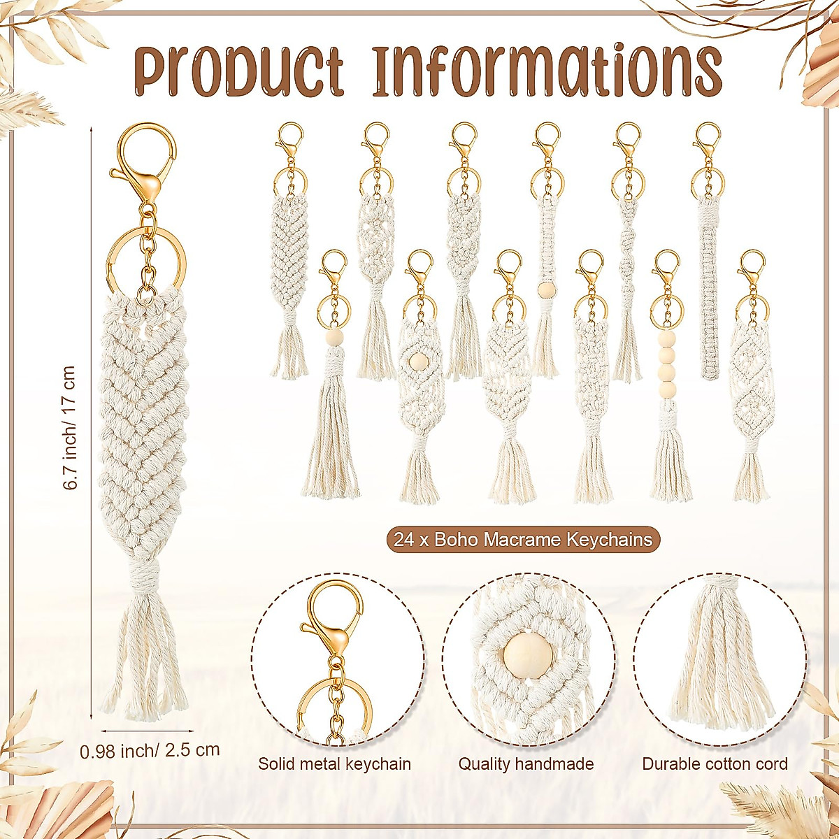 Sasylvia 24 Sets Boho Macrame Keychains Bulk Boho Keychains with Tassel Baby Shower Favors for Guest Thank You Card Clear Opp Bags with Rope for Bridal Shower Favors Birthday Wedding Bohemian Party