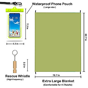 Gold Roc Sandless Beach Blanket & Waterproof Phone Pouch & Outdoor Survival Whistle, Extra Large Outdoor Picnic Mat, Pocket Camping Mat for Travel, Camping, Hiking (Green, Large)