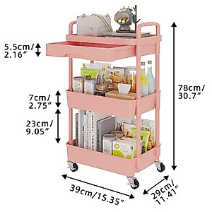 Calmootey 3-Tier Rolling Utility Cart with Drawer,Multifunctional Storage Organizer with Plastic Shelf & Metal Wheel,Storage Cart for Kitchen,Bathroom,Living Room,Office,Pink