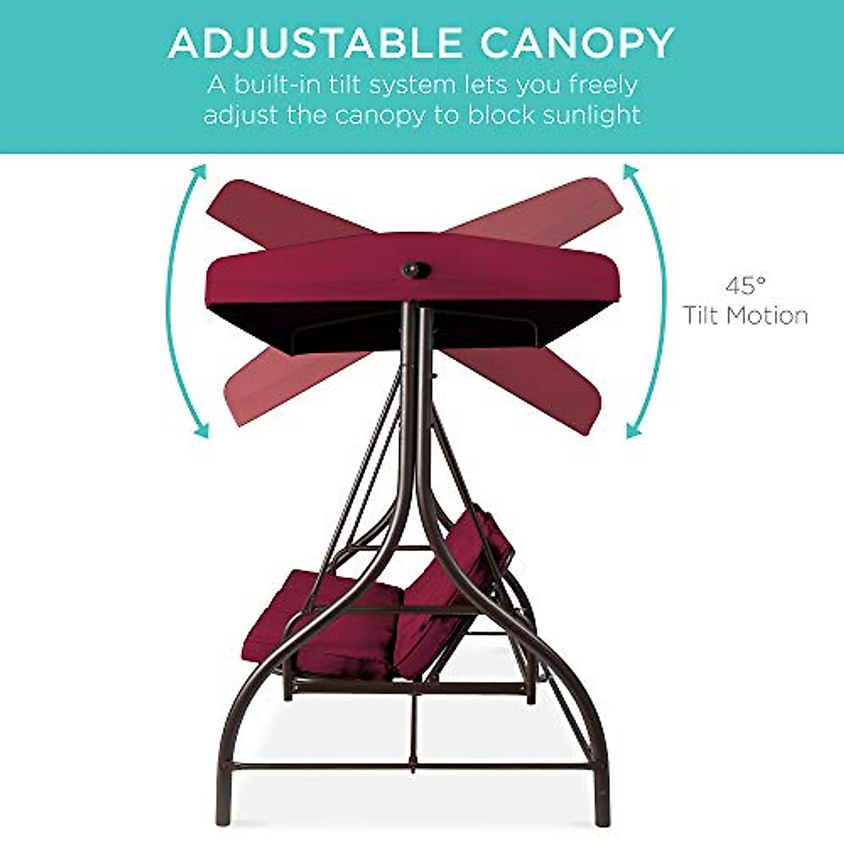Best Choice Products 3-Seat Outdoor Large Converting Canopy Swing Glider, Patio Hammock Lounge Chair for Porch, Backyard w/Flatbed, Adjustable Shade, Removable Cushions - Burgundy