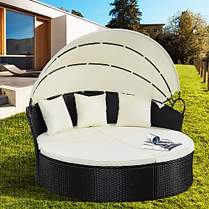 Tangkula Patio Furniture Outdoor Lawn Backyard Poolside Garden Round with Retractable Canopy Wicker Rattan 74" Diameter Round Daybed, Seating Separates Cushioned Seats (Without Table Round Bed)
