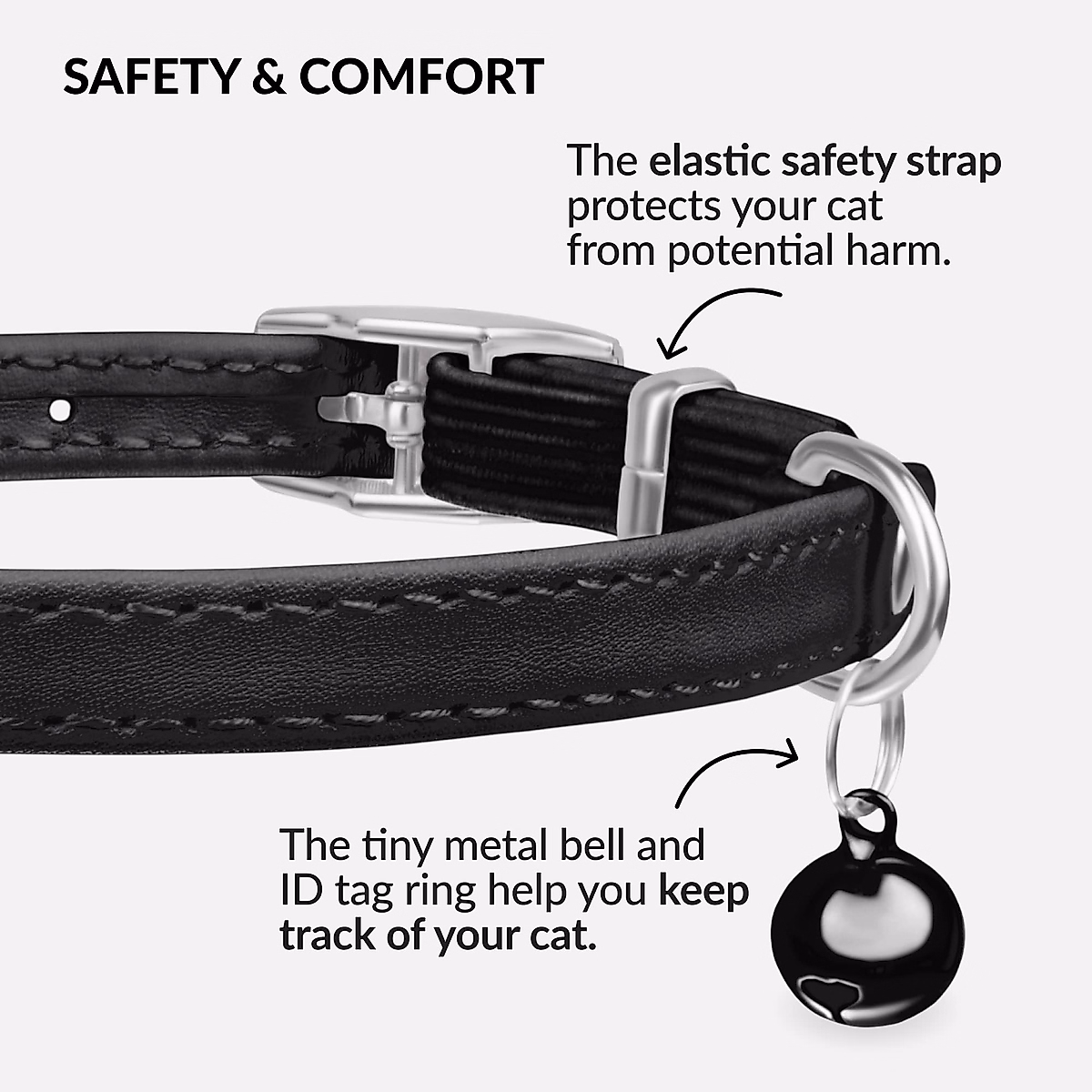 CollarDirect Leather Cat Collar with Bell - Kitten Collar, Small and Big Cat Collar for Boy Cats, Girl Cats with Safety Elastic Strap (Neck Fit 8"-11", Black)