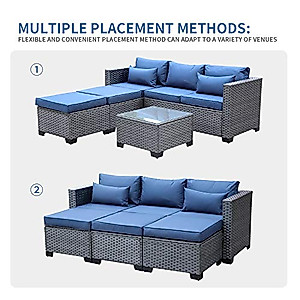 Valita 4-Piece Outdoor Rattan Furniture Set All-Weather PE Silver Gray Wicker Sofa Patio Sectional Conversation Garden Couch with Aegean Blue Cushion