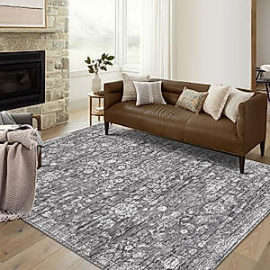 CAROMIO Area Rug for Living Room 10x13 Extra Large Area Rug Machine Washable Vintage Distressed Accent Rug Stain Resistant Non-Slip Carpet Retro Floral Floor Cover for Home Decor, Dark Grey