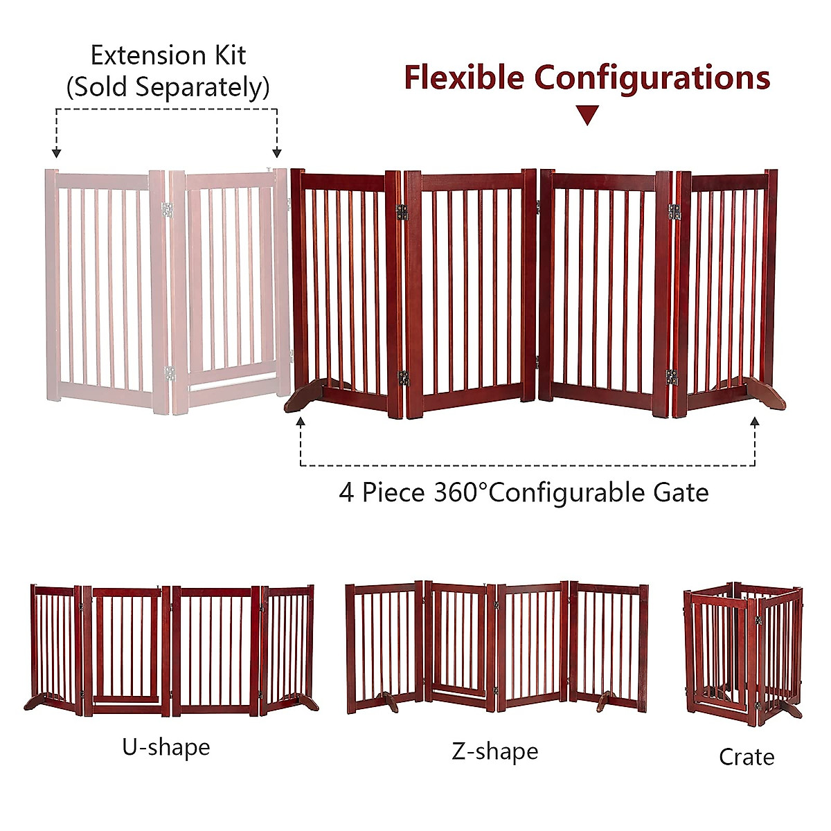 Kinpaw Free Standing Dog Gate, Configurable Wood Pet Safety Fence, Wide Barrier Gate with Walk for Doorways, Stairs or House-4 Panels