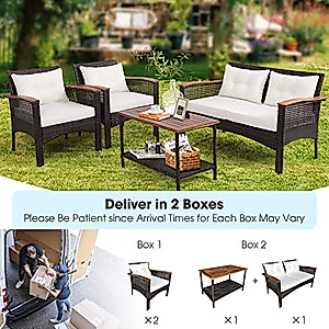 Tangkula 4-Piece Patio Furniture Set, Patiojoy Acacia Wood Outdoor PE Wicker Conversation Set with Cushions, PE Rattan Sectional Sofa Set for Lawn, Porch, Poolside, Backyard (Off White)