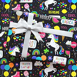 Birthday Wrapping Paper For Kids Girls Boys, Unicorn Design Gift Wrapping Paper for Birthday Baby Shower with 78.7 inches Ribbon, 4 Sheets Folded Flat 20x28 inches per sheet