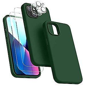 Dssairo [5 in 1 for iPhone 13 Mini Case, with 2 Pack Screen Protector + 2 Pack Camera Lens Protector, Liquid Silicone Ultra Slim Shockproof Protective Phone Case 5.4 inch (Alpine Green)……