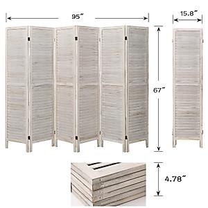 ECOMEX 6 Panel Wood Room Divider, Folding Room Divider Privacy Screen 5.6Ft Tall, Freestanding Louvered Divider Screen for Home Office Restaurant Bedroom(White)