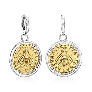Ross-Simons Italian Replica Lira Bee Coin Drop Earrings in Sterling Silver and 18kt Gold Over Sterling