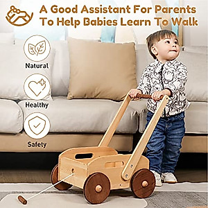 Woodtoe Wooden Baby Walker, Adjustable Speed Push Toys for Babies Learning to Walk, Natural Wood Push and Pull Learning Walking Educational Toys Gift for Toddler Boy Girl 1 2 3(Patent Protection)
