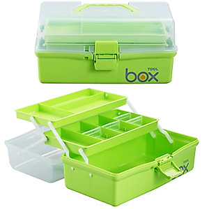 Kinsorcai 12'' Three-Layer Clear Plastic Storage Box/Tool Box, Multipurpose Organizer and Portable Handled Storage Case for Art Craft and Cosmetic (Green)