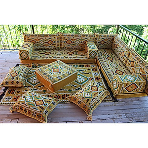 Yellow L Shaped Corner Floor Couch, Interior Design, Outdoor Patio Furniture, Floor Cushions, Bench Cushions, Floor Pillows, Arabic Majlis (L Sofa Full Set)