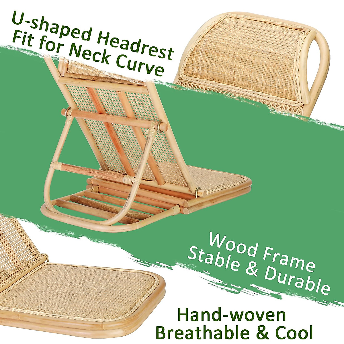 Folding Portable Beach Chair, 4-Gear Adjustable Chaise Lounge, Rattan Beach Chair, Floor Wood Chair,Pool Lounger Recliner, Portable Wicker Beach for Pool Home Yoga Meditate Office Relaxation