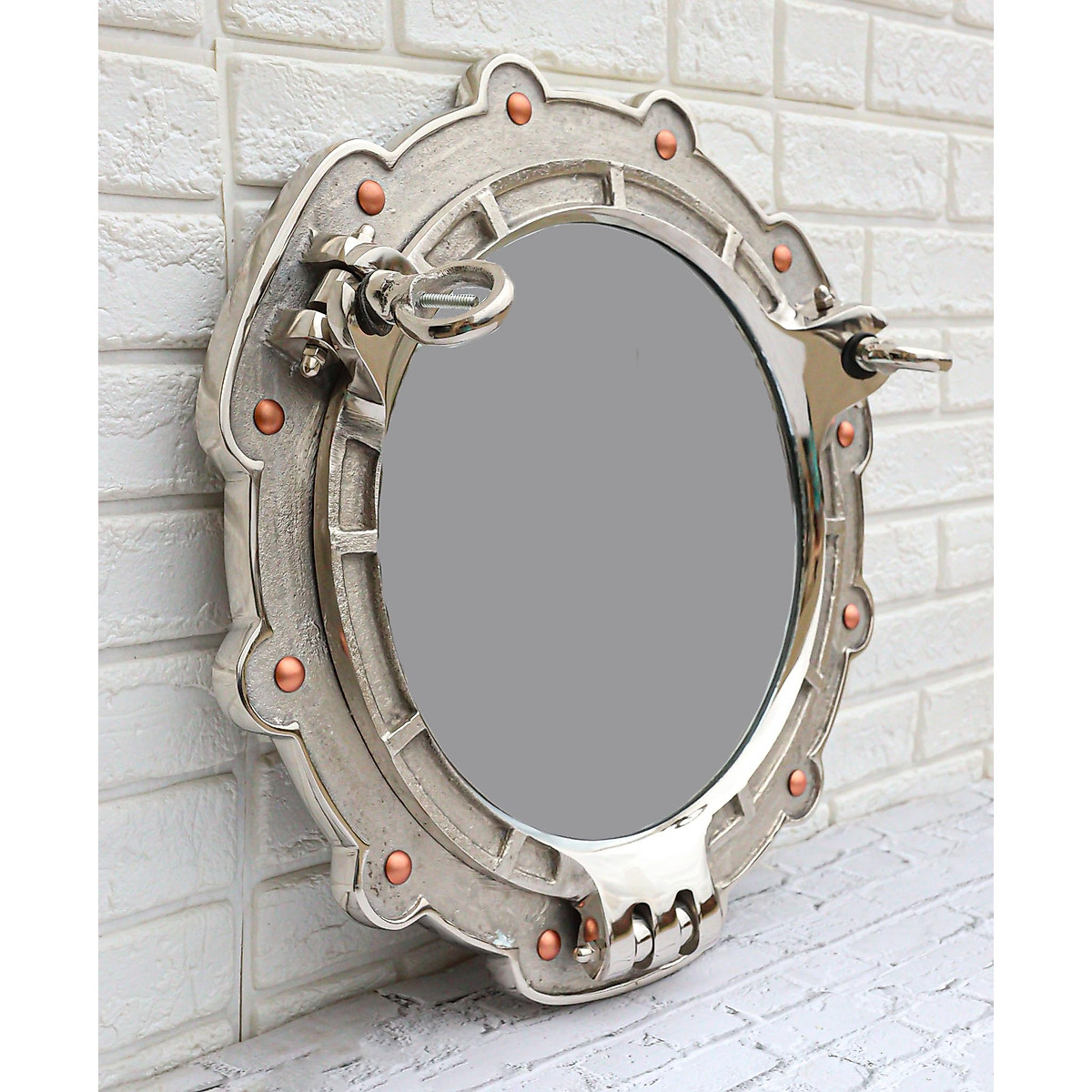Ebros Gift Polished Aluminum Nautical Marine Round Ship Porthole Folding Wall Mirror Decor 14.5" Diameter Ocean Sailor Sea Exploration and Travel Accent