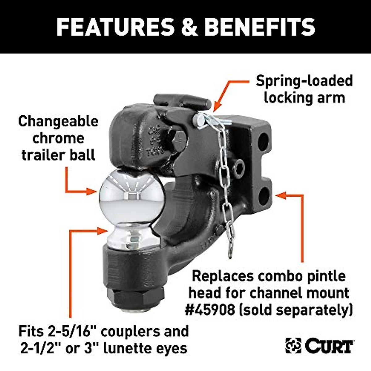 CURT 45922 Channel Mount Pintle Attachment with 2-5/16-Inch Ball, 20,000 lbs, Shank Required , Black