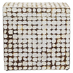 East at Main Rectangle Side Table - Real Coconut Shell Mosaic Inlaid, Pre-Assembled, Natural Wood and Patina Finish, Storage Side Table(White/Rectangle)