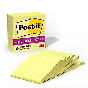 Post-it Super Sticky Notes, 2x Sticking Power, 4 x 4-Inches, Canary Yellow, Lined, 6-Pads/Pack, Model:675-6SSCY