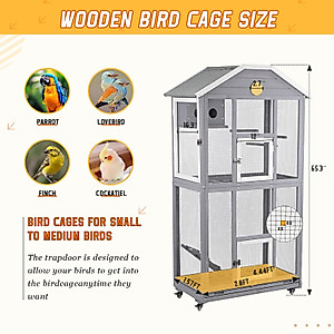 Ketive 65in Outdoor Bird Aviary with Wheels,Wooden Bird Cage Indoor Finches Cage Flight cage Wire Mesh,Easy Clean Tray Perches Nest Feeder